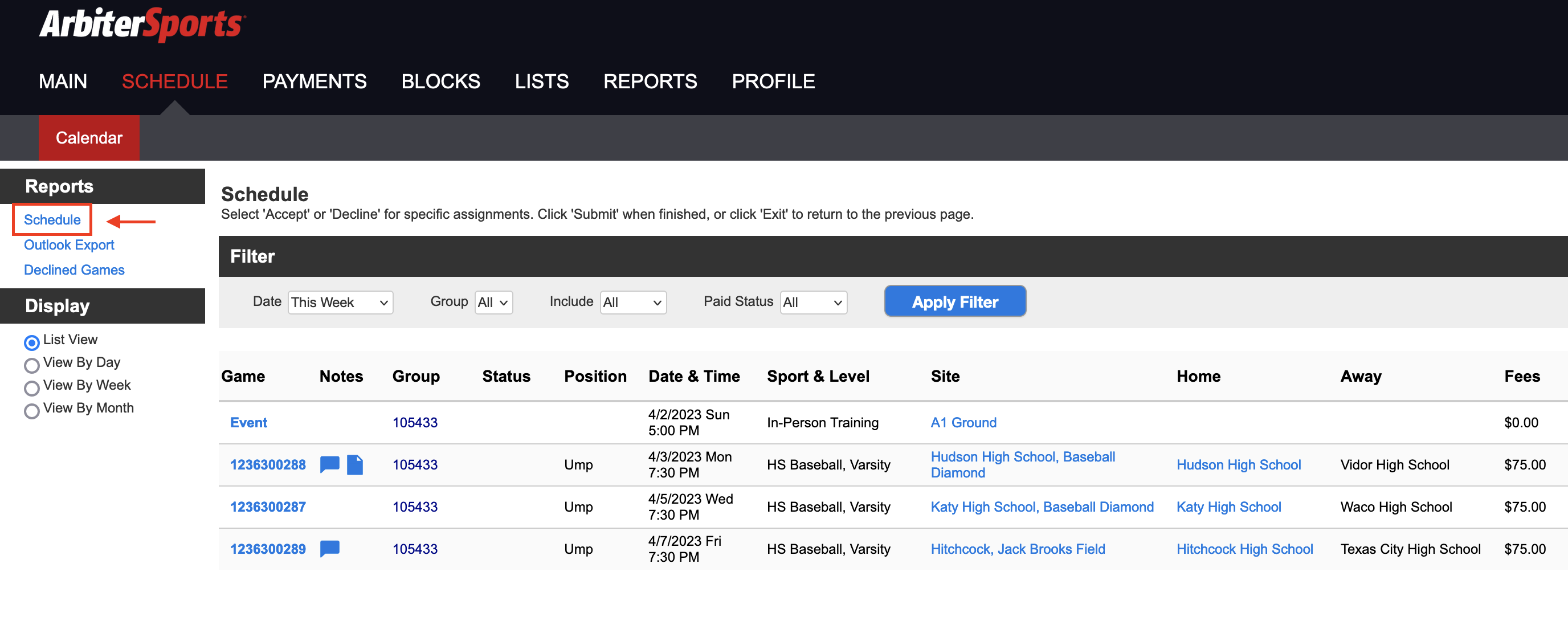 Schedule Features for Officials – ArbiterSports