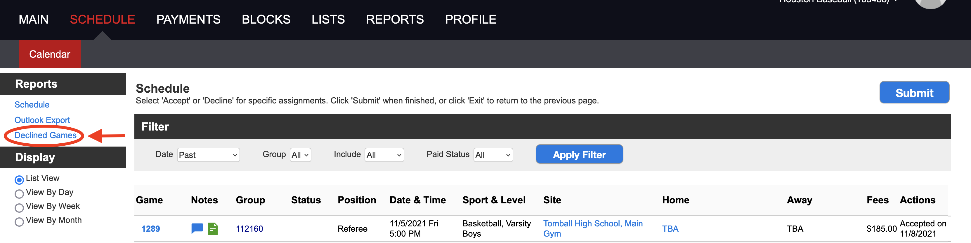 Schedule Features for Officials – ArbiterSports