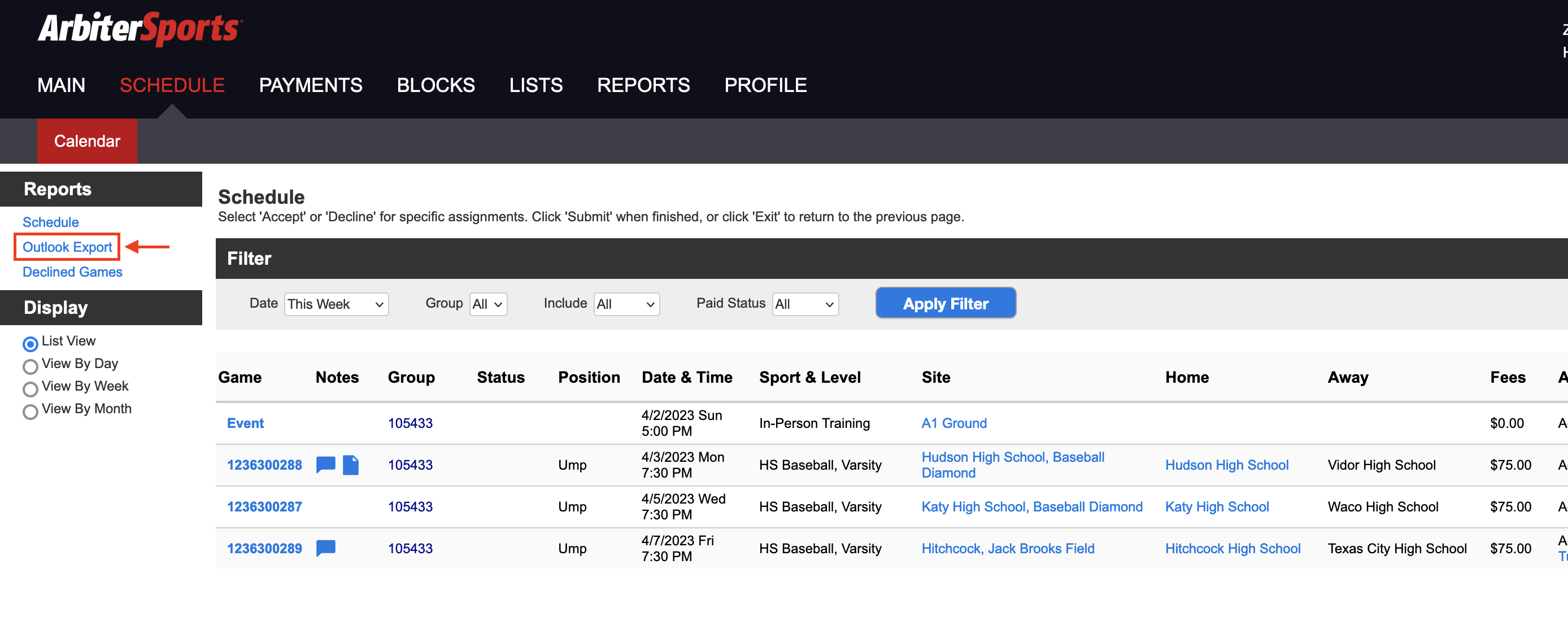 Schedule Features for Officials – ArbiterSports